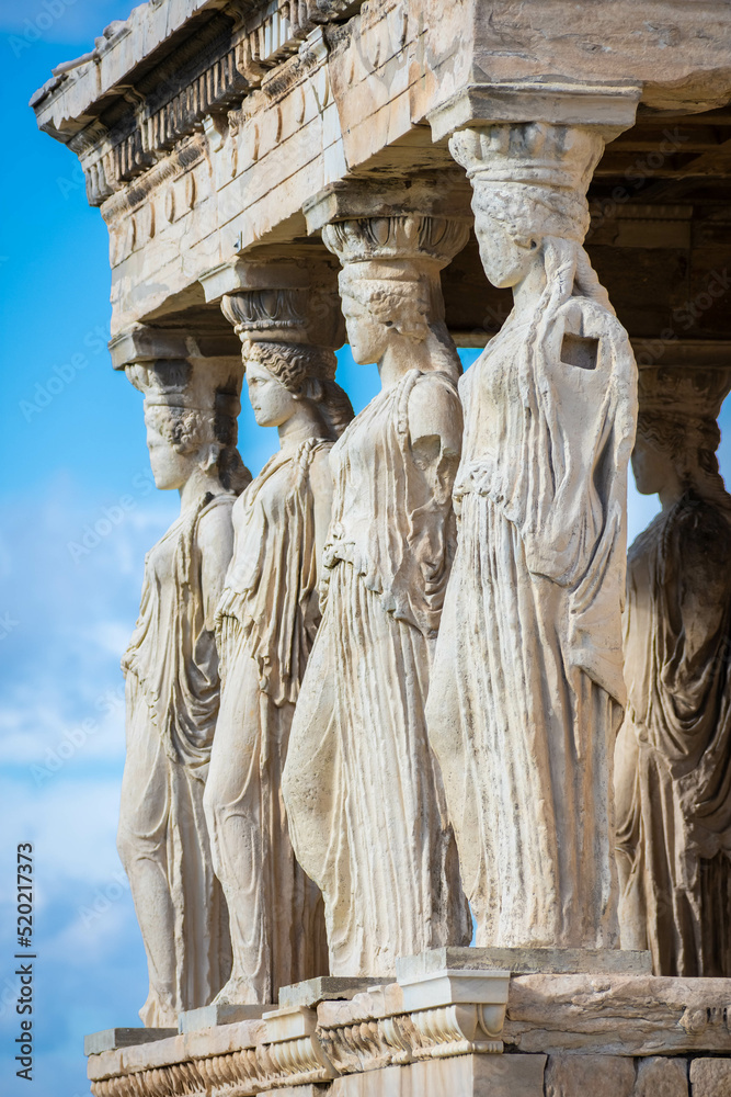 The Caryatides, female statues in the Acropolis of Athens Greece Stock ...