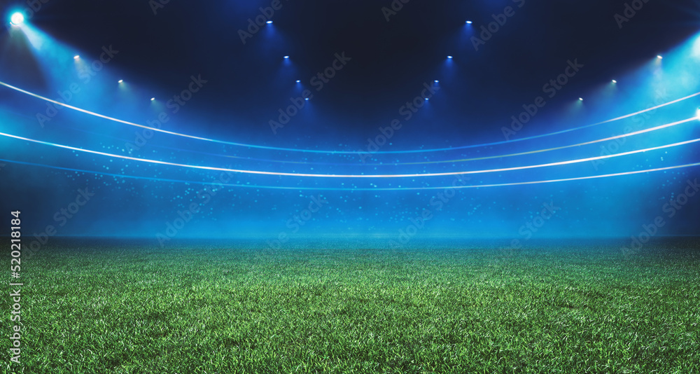 Digital Football stadium view illuminated by blue spotlights and empty ...