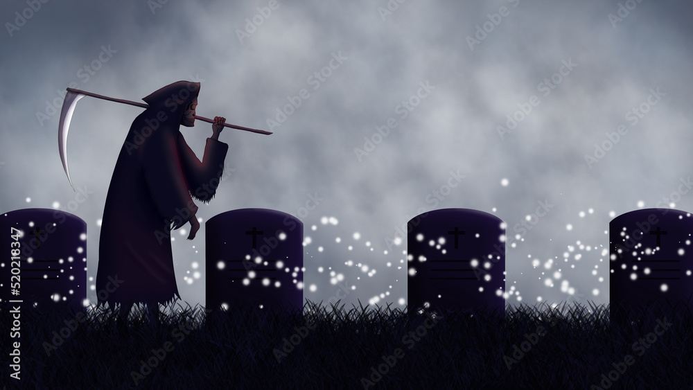A grim reaper with a sickle walks into a burial tomb with many souls in ...