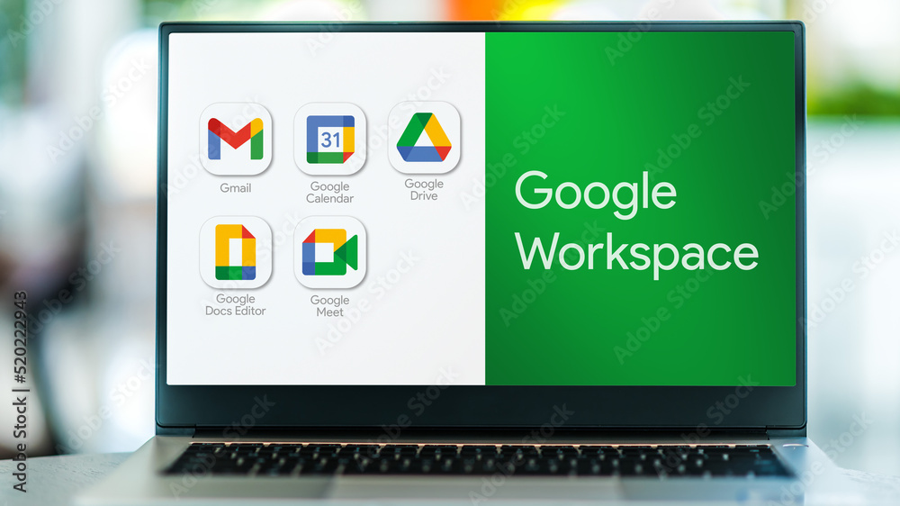 Laptop computer displaying logo of Google Workspace Stock Photo | Adobe ...