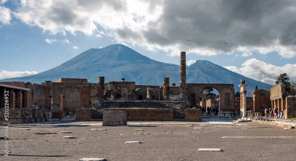 Iconic forum in the ancient city of Pompeii, Mount Vesuvius in the ...