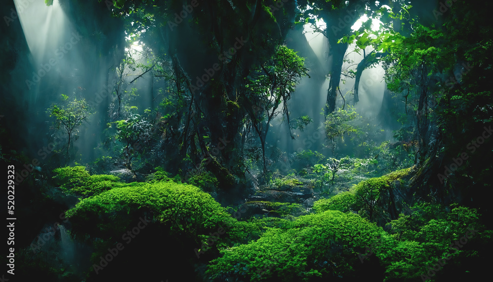 Exotic foggy forest. Jungle panorama, forest oasis. Foggy dark forest ...