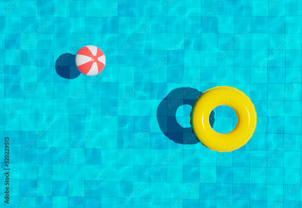 Swimming pool with swimming circle and an inflatable ball and turquoise ...
