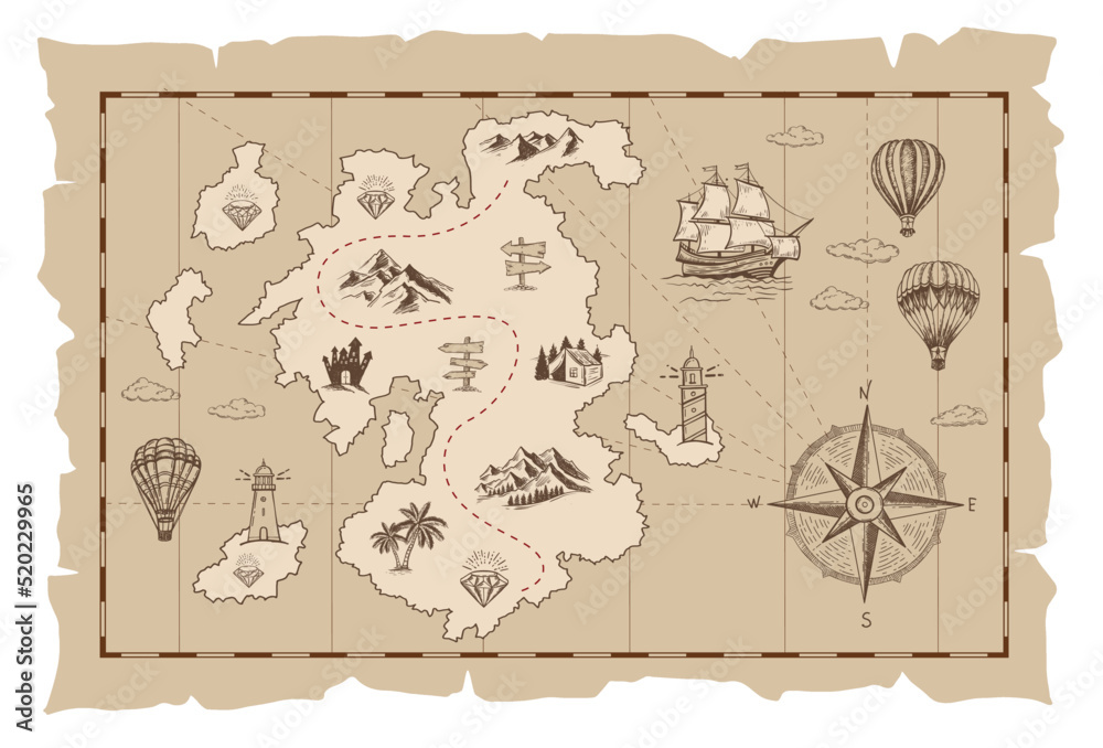 Old treasure map vector sketch. Hand drawn illustrations, vector. Stock ...