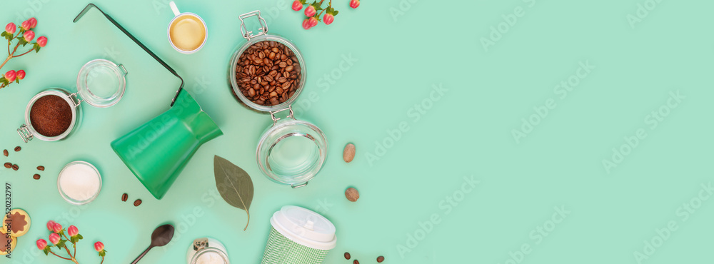 Coffee banner. Coffee beans, ground coffee, sugar, cup of espresso ...