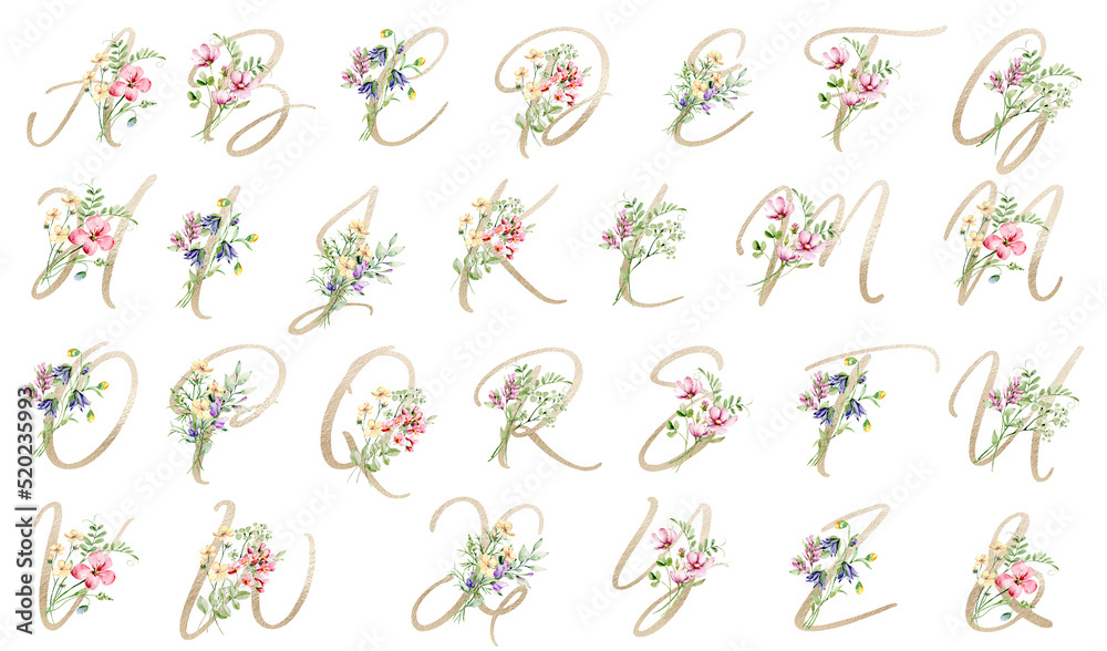 Letters set, gold floral alphabet with watercolor flowers and leaf ...