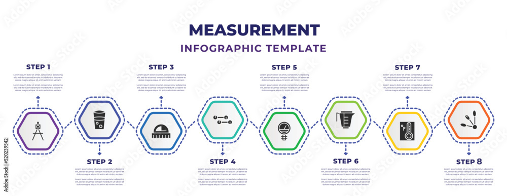 measurement infographic design template with open compass, cup of water ...