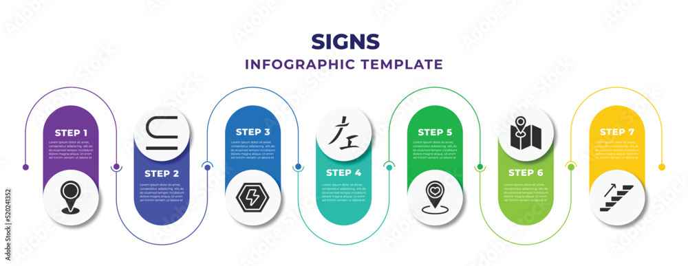 signs infographic design template with location pin, math, shock, kanji ...