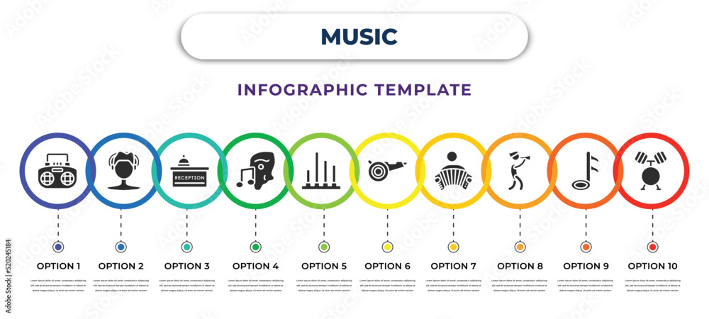 music infographic design template with radio ghettoblaster, boy with ...