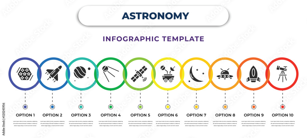 astronomy infographic design template with star cluster, space ship ...