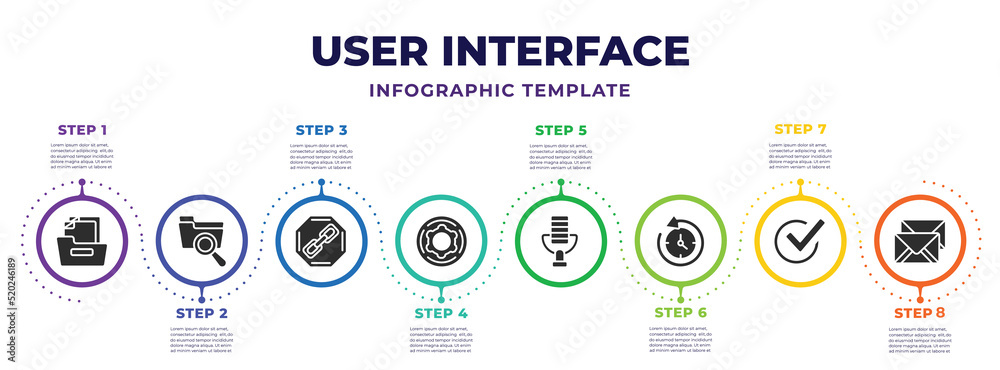user interface infographic design template with office material, search in folder, link button ...