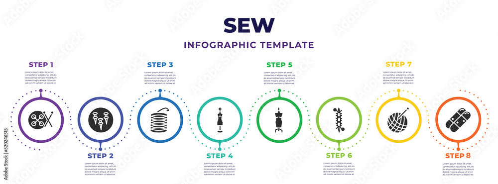 sew infographic design template with sewing tools, of pins, coil ...