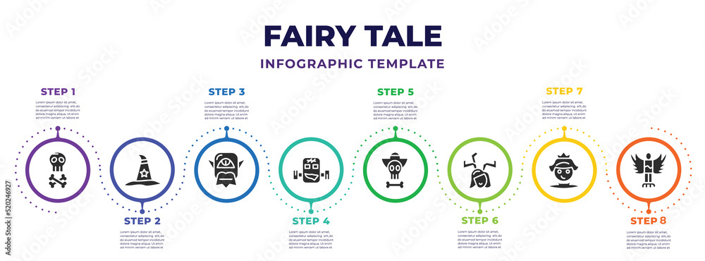 fairy tale infographic design template with jolly roger, wizard ...