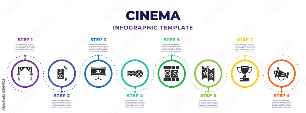 cinema infographic design template with cinema curtain, loud woofer box ...
