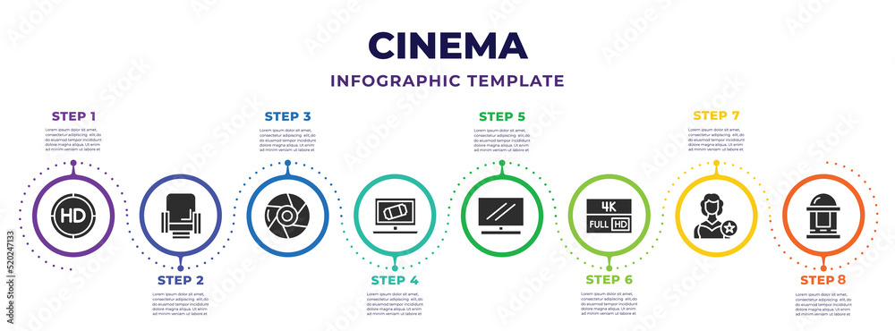 cinema infographic design template with hd, cinema seats, camera lens ...