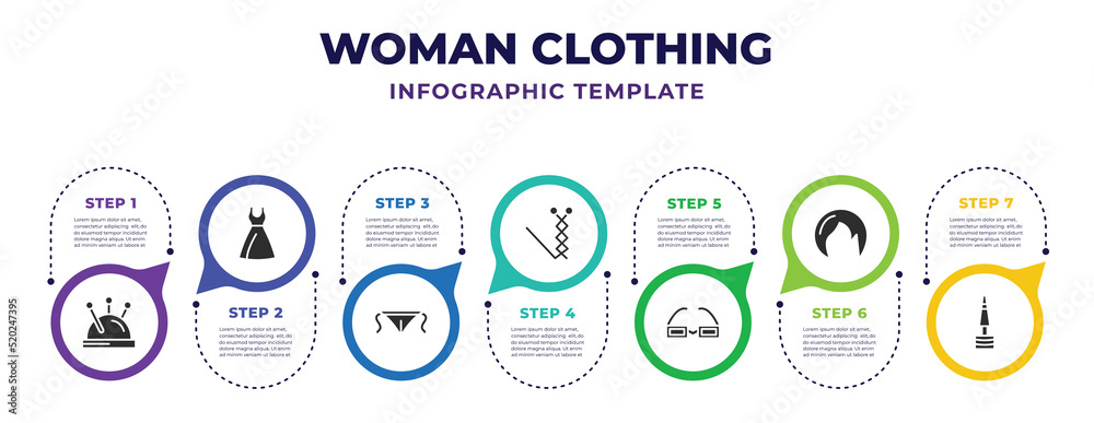 woman clothing infographic design template with needle case, long dress ...