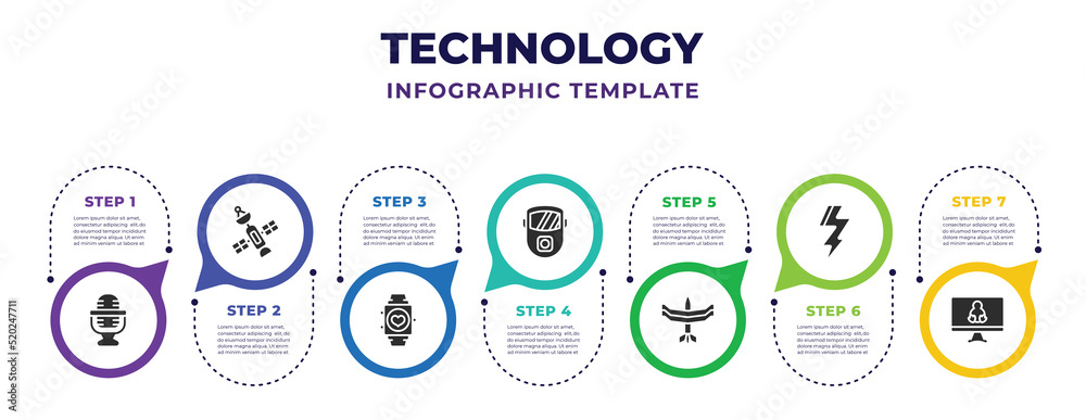 technology infographic design template with old mic, satellite ...