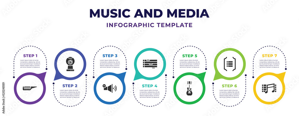 music and media infographic design template with keytar, webcam video ...