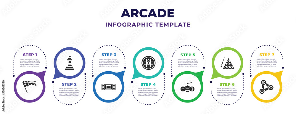 arcade infographic design template with racing, chess piece, switch ...
