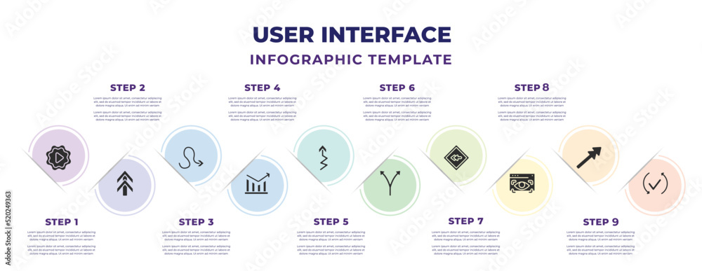 user interface infographic design template with movie play button, arrowheads, squiggly arrow ...