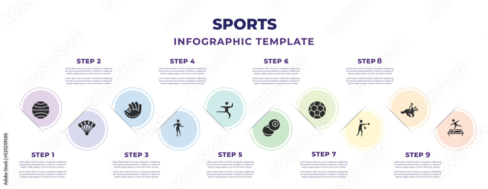 sports infographic design template with gym ball, parachute, baseball ...