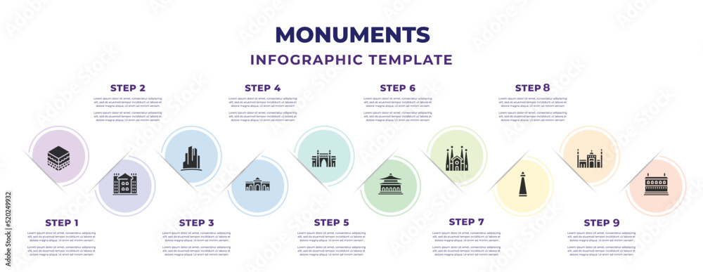 monuments infographic design template with kaaba building, palace of ...