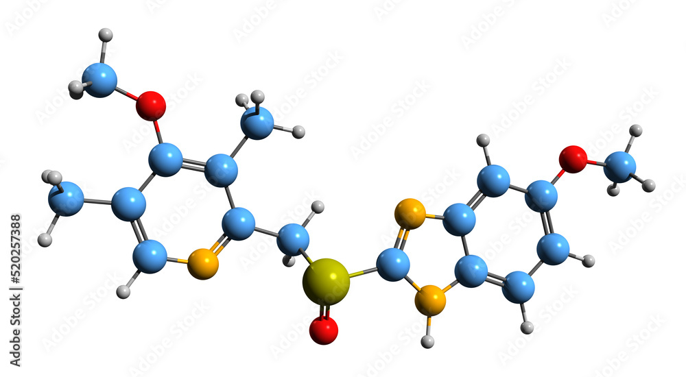 3D image of Omeprazole skeletal formula - molecular chemical structure ...