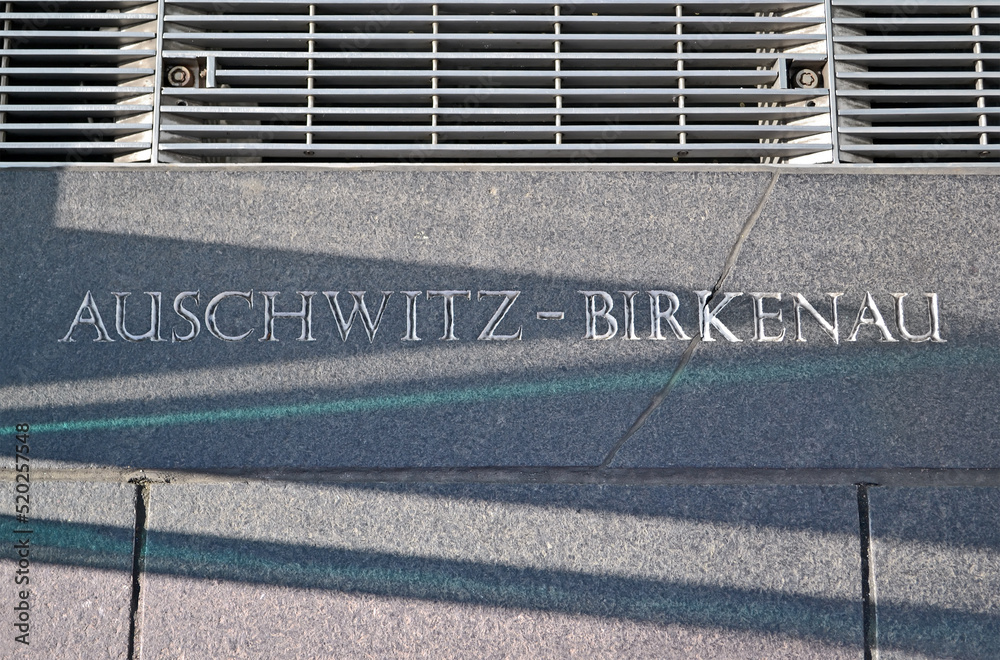 Auschwitz - Birkenau concentration camp text on stone of New England ...