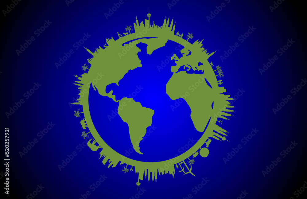 green earth vector with globe illustration, skyscrapers circle and ...