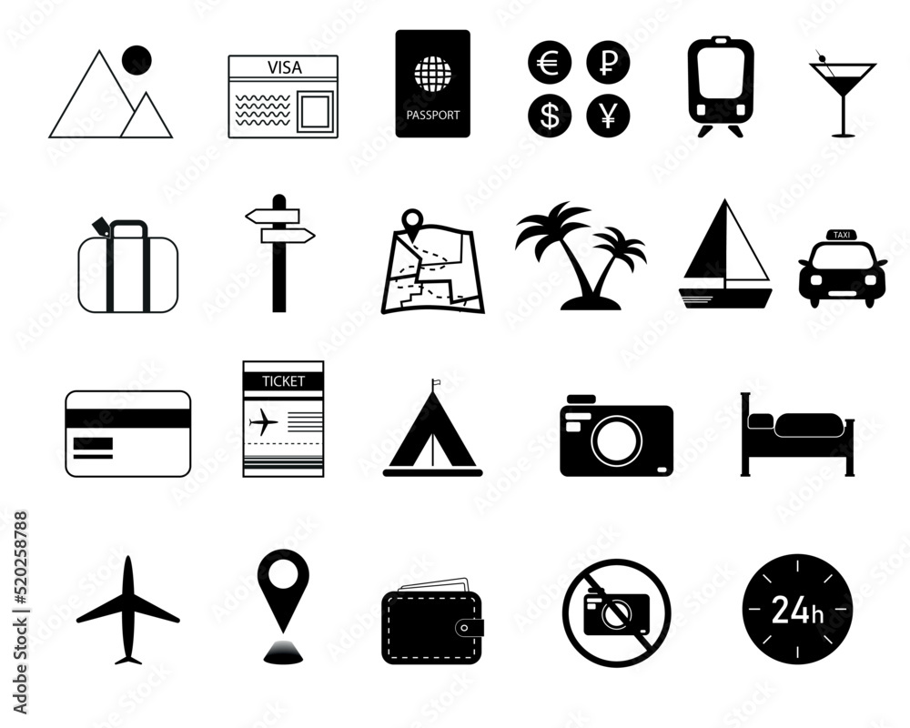 Simple icons of tourism and travel. Icons for the user interface ...