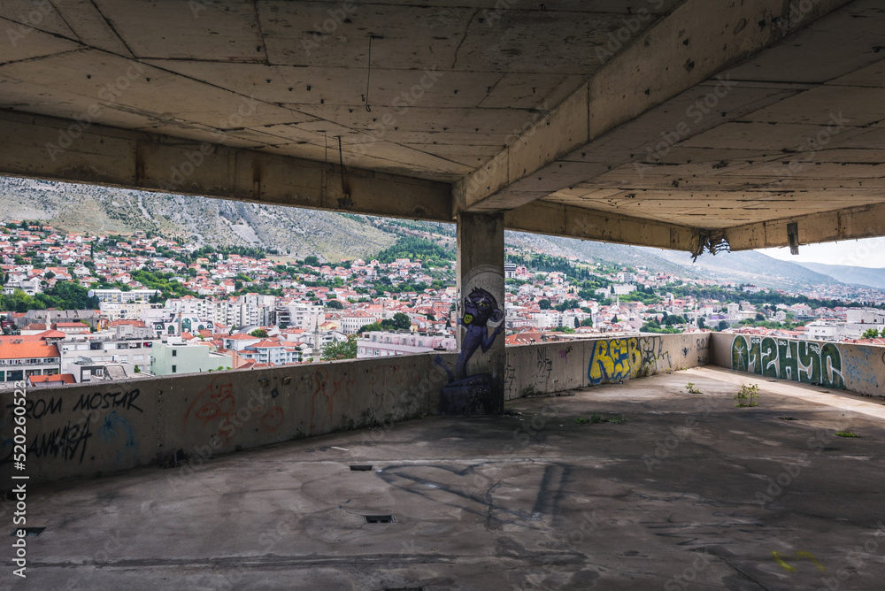 Mostar, Bosnia i Hercegovina, View from abandoned Snipertower building ...