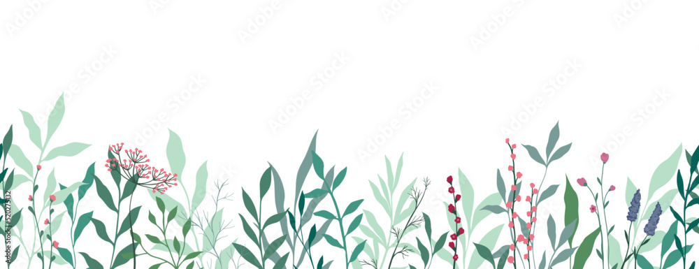 Seamless horizontal border, abstract art with summer meadow plants ...