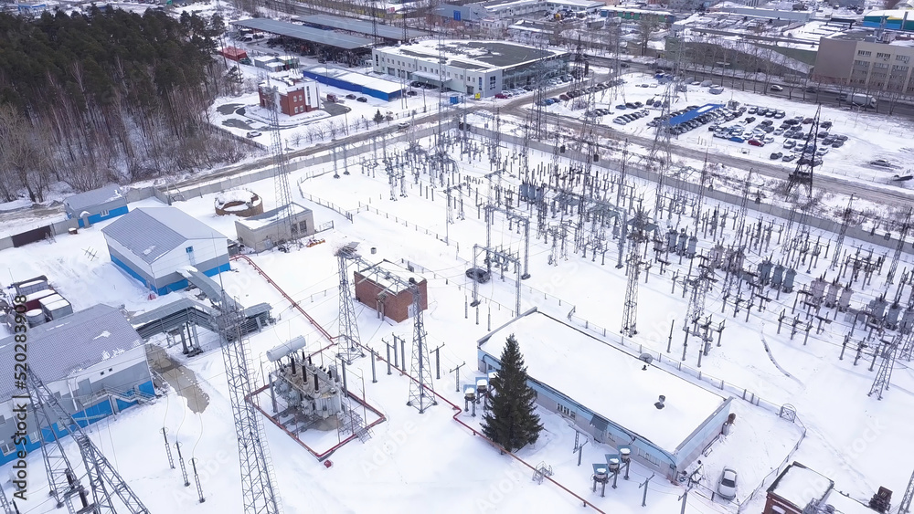 Top view of electric city substation. Action. Electrical substation ...
