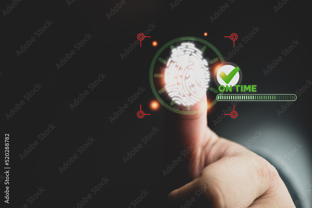 Man use a fingerprint for scan on visualizer screen to check in with on ...