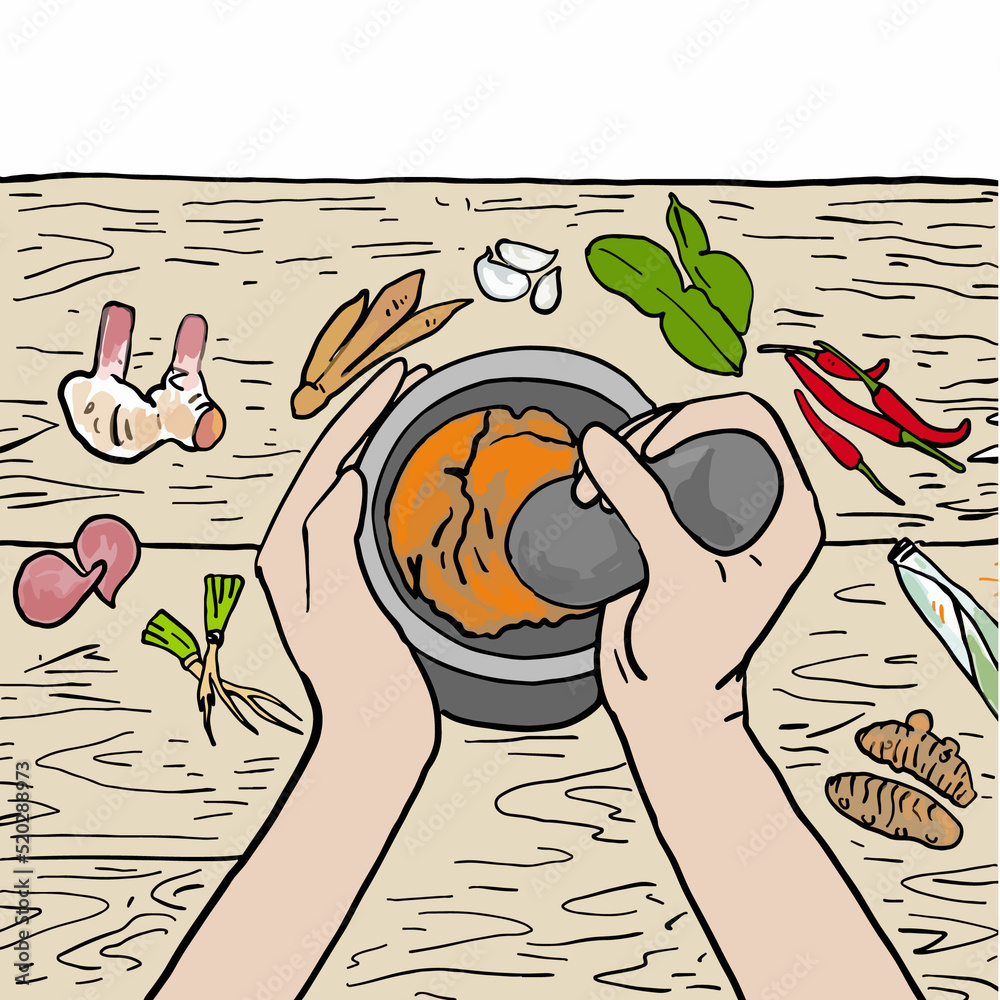 Cartoon cooking spices with various herbs by a chef who specializes in ...