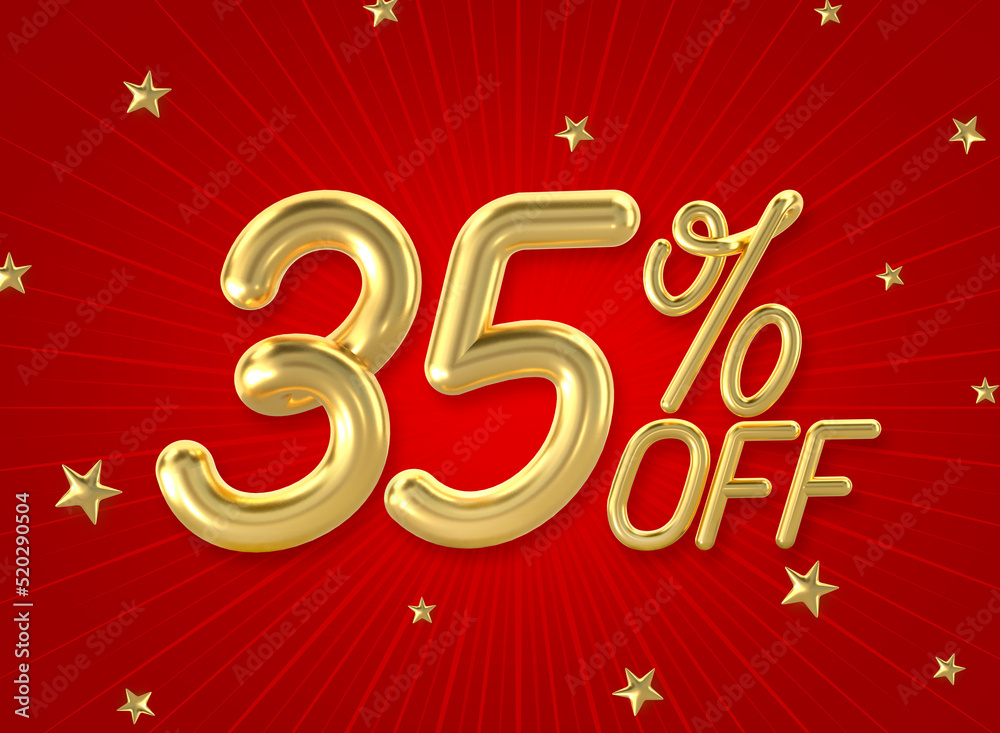35% off golden number on the red background. Sales concept. 3d ...