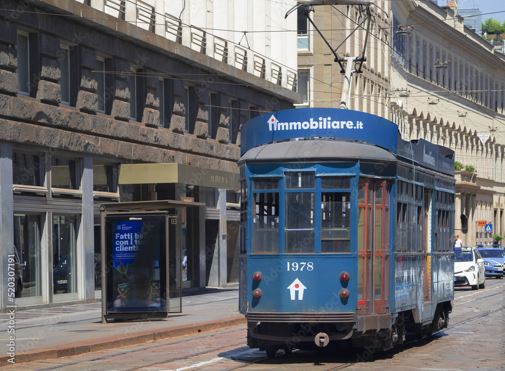 Old tram ATM 1500 series in blue advertising version.Milan - Italy 31 ...