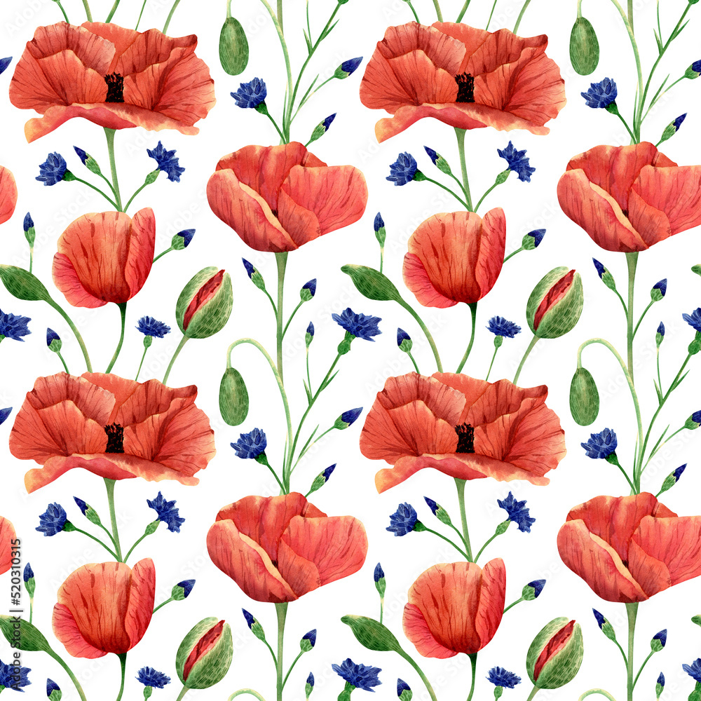 Seamless poppies and cornflowers pattern. Watercolor floral background ...