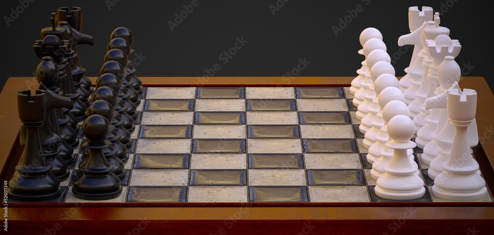 chess pieces on a chess board side view 3D computer generated image ...