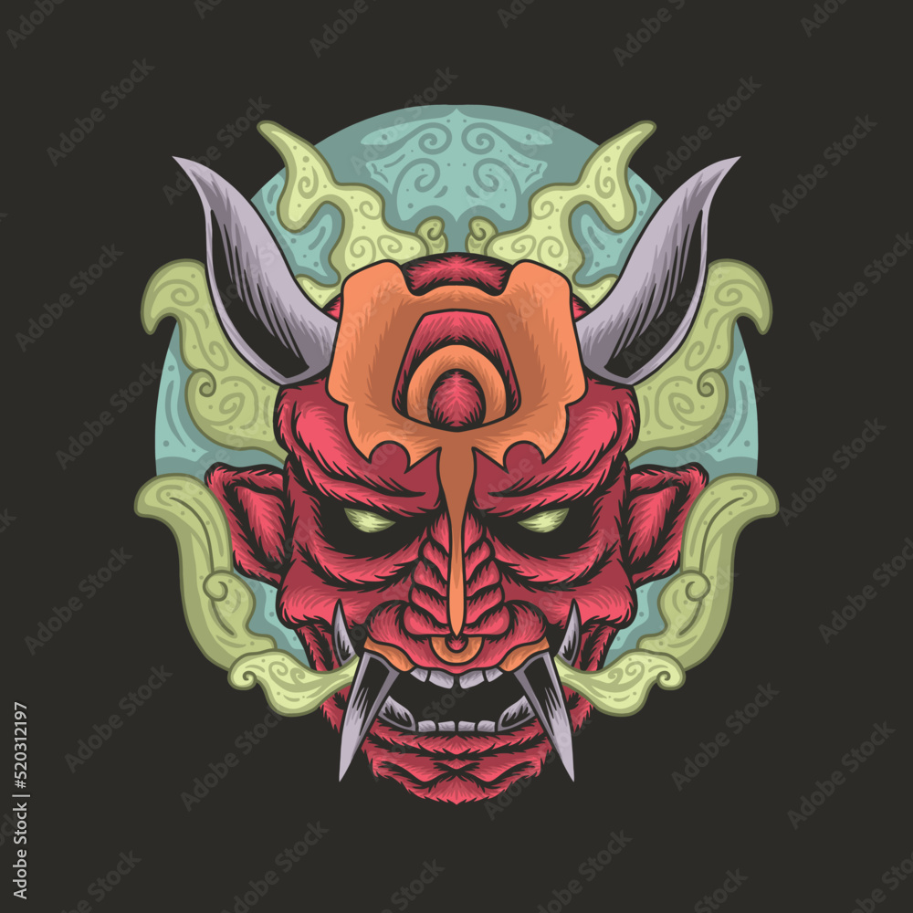 Japanese oni mask with smoke and moon Stock Vector | Adobe Stock