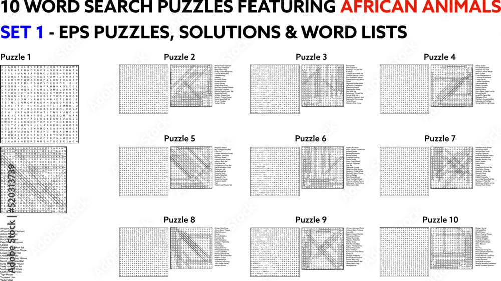 10 Word Search Puzzles Featuring African Animals Stock Vector | Adobe Stock