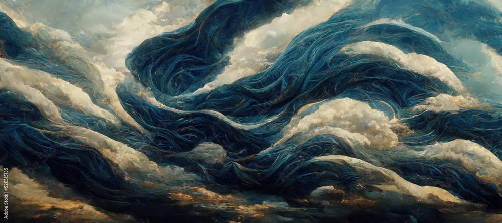 Vast panoramic fantasy cloudscape in cobalt and sapphire blue colors ...