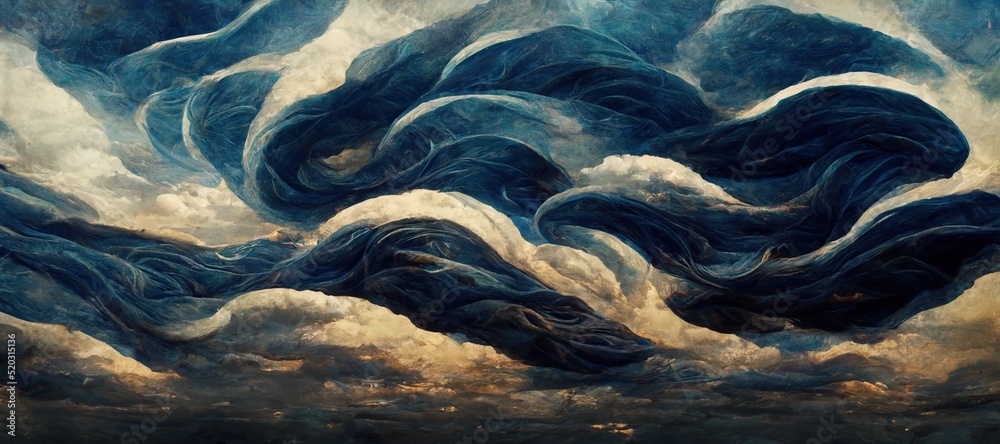 Vast panoramic fantasy cloudscape in cobalt and sapphire blue colors ...