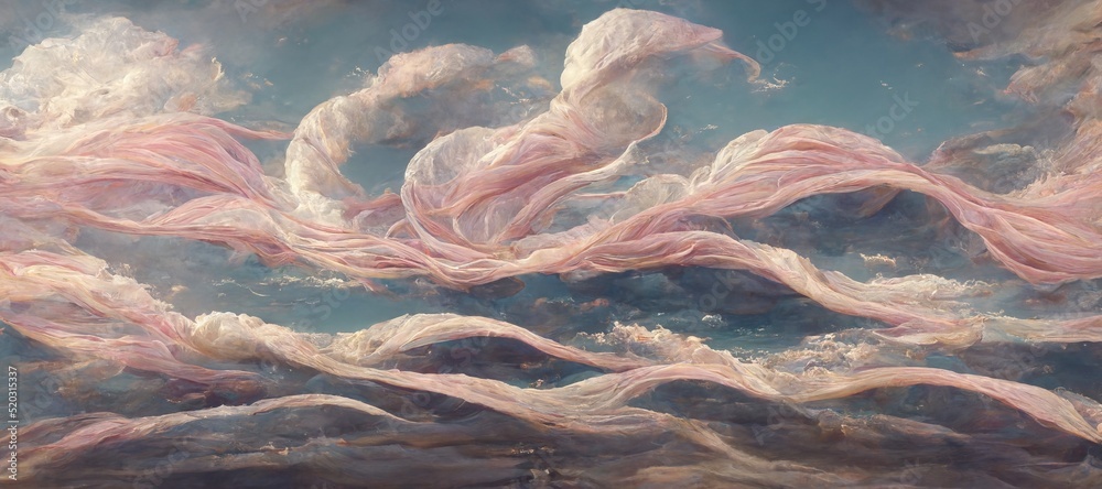 Vast panoramic fantasy cloudscape in light pink colors, mesmerizing ...