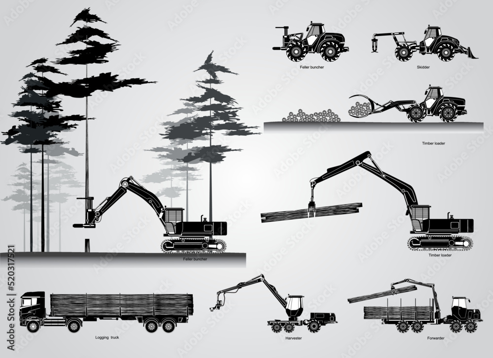 The forestry production machines. Forestry tractors, trucks and loggers ...