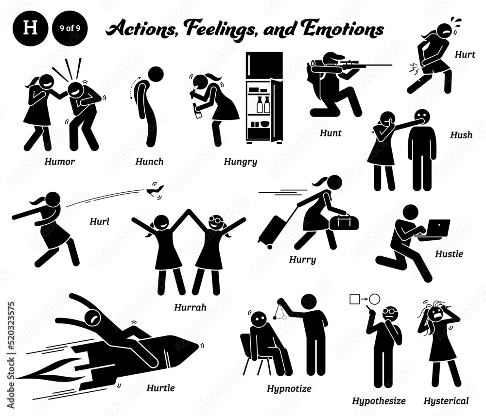 Stick figure human people man action, feelings, and emotions icons ...