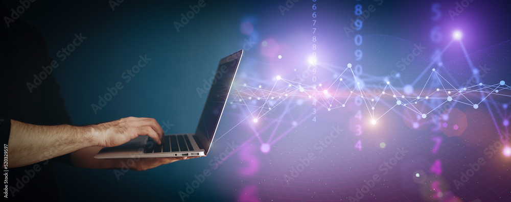 Big data technology background. Using a laptop against the background ...