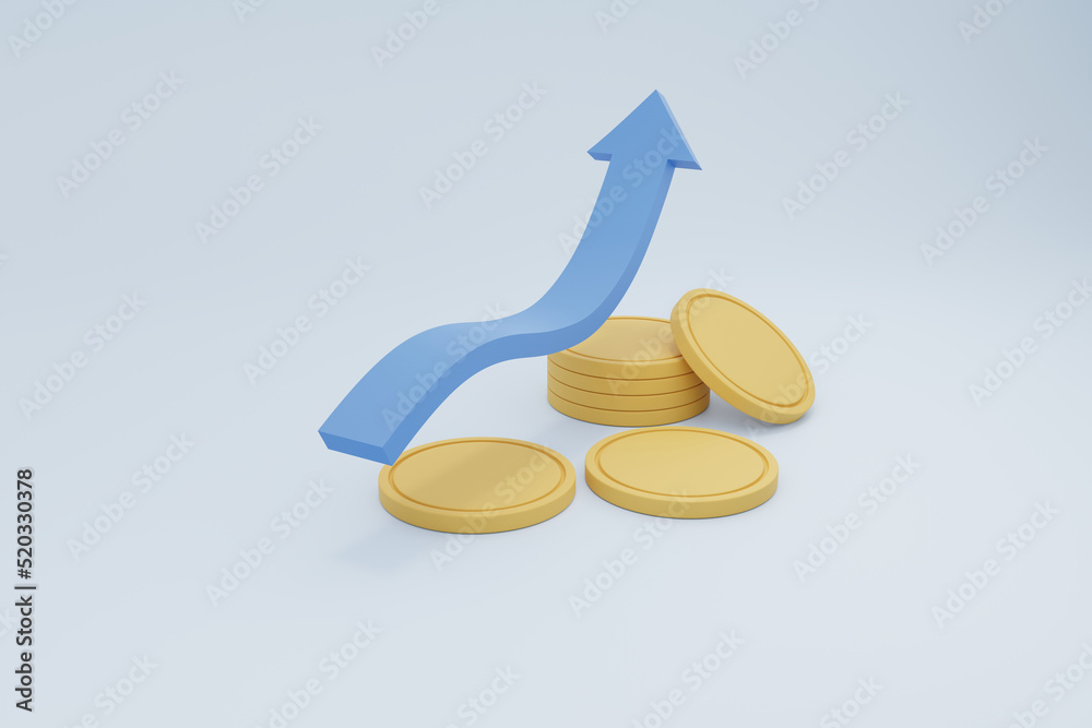 3d render money coins stacks and blue arrow up pastel color on white ...
