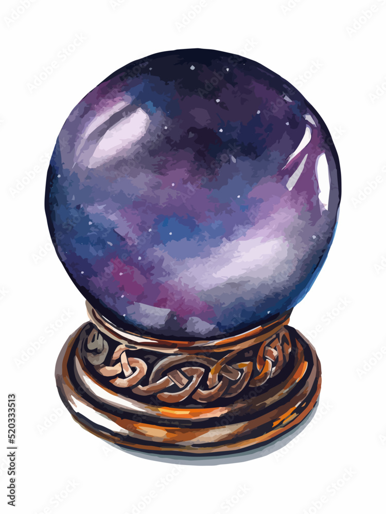 Hand drawn watercolor art. Ancient purple glowing magic ball of ...