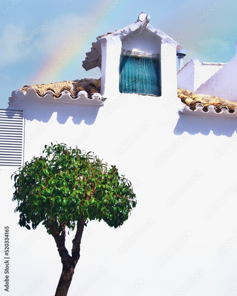 Pared encalada con ventana de buhardilla, un árbol en primer plano y ...
